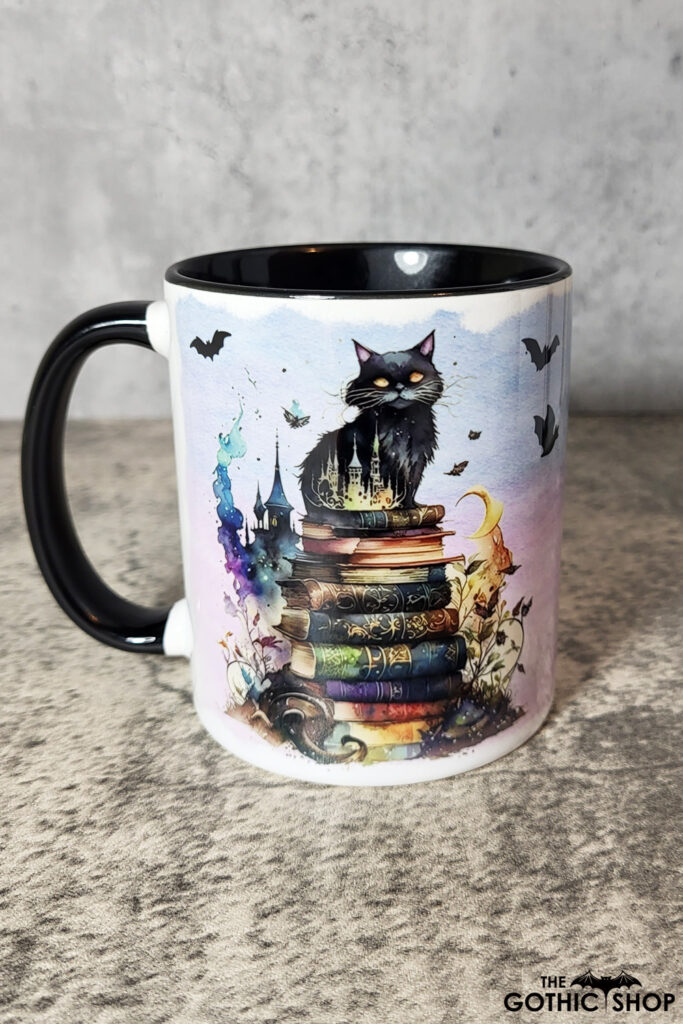 Witch's Cat on Books Gothic Print Ceramic Mug - Gothic Mugs