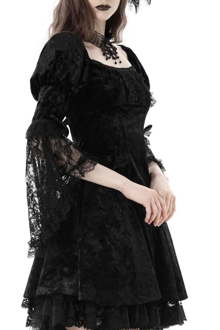 Dark in Love Gothic Princess Bell Lace Sleeves Black Velvet Dress ...