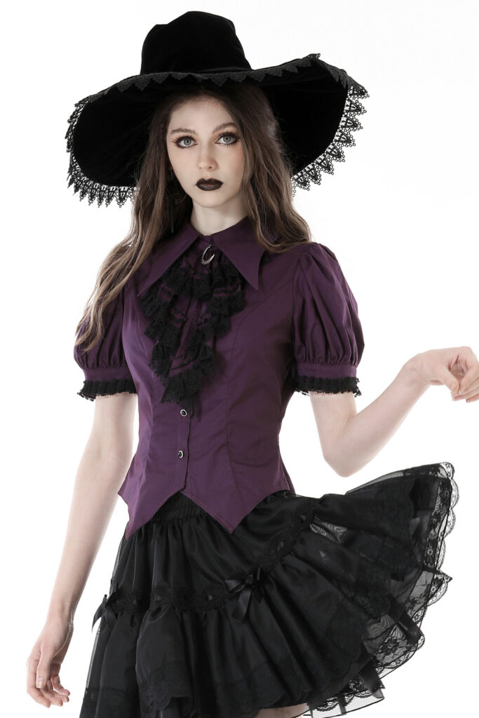 Dark in Love Purple Shortsleeve Gothic Blouse with Frilly Jabot ...