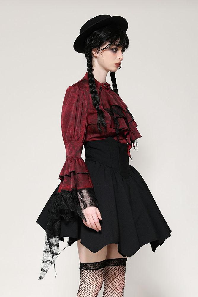 IW119 Gothic Red Inferno Distressed Frilly Longsleeve Gothic Blouse by ...